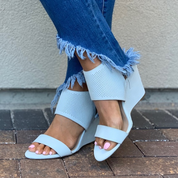 Urban Outfitters | Shoes | Powder Blue Perforated Band Slingback Wedge ...